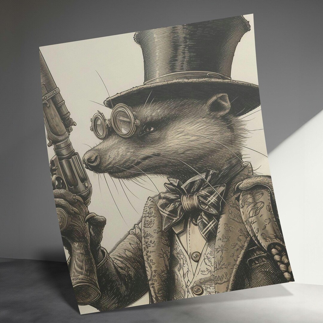 Steampunk Otter in Top Hat With Gun Vintage Wall Art Print, Whimsical ...