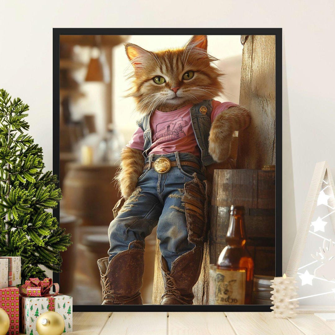 Cute Cat Dressed as Cowboy Poster, Adorable Feline in Western Outfit ...