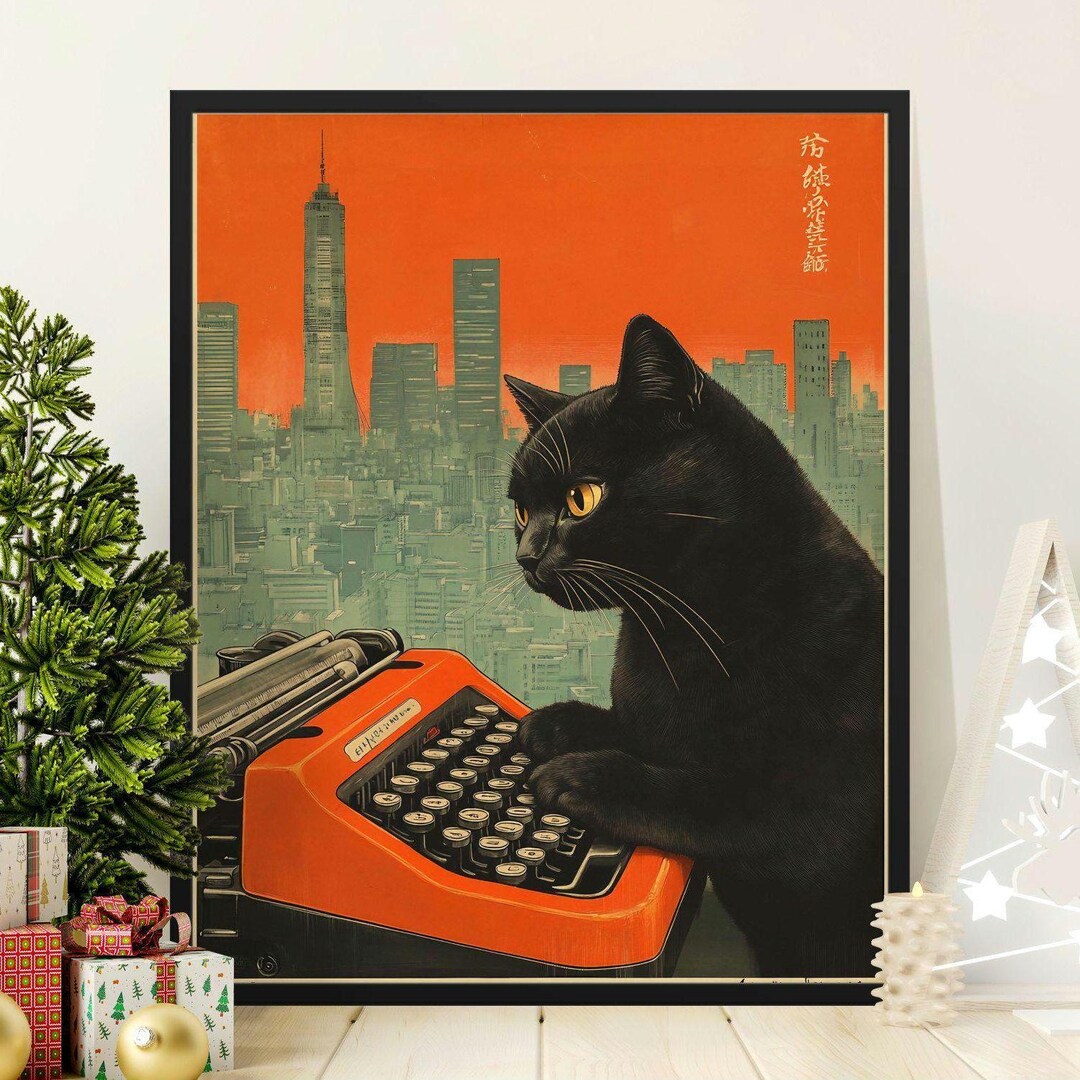 Retro Cat Typing on Vintage Typewriter Poster,city Skyline Background ...