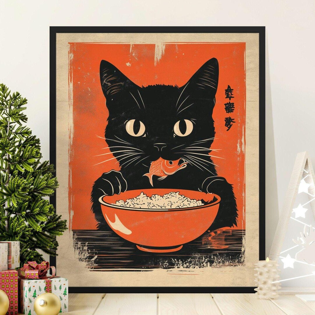 Vintage Cat Poster, Retro Cat Kitchen Art, Black Cat Wall Decor, Cute ...