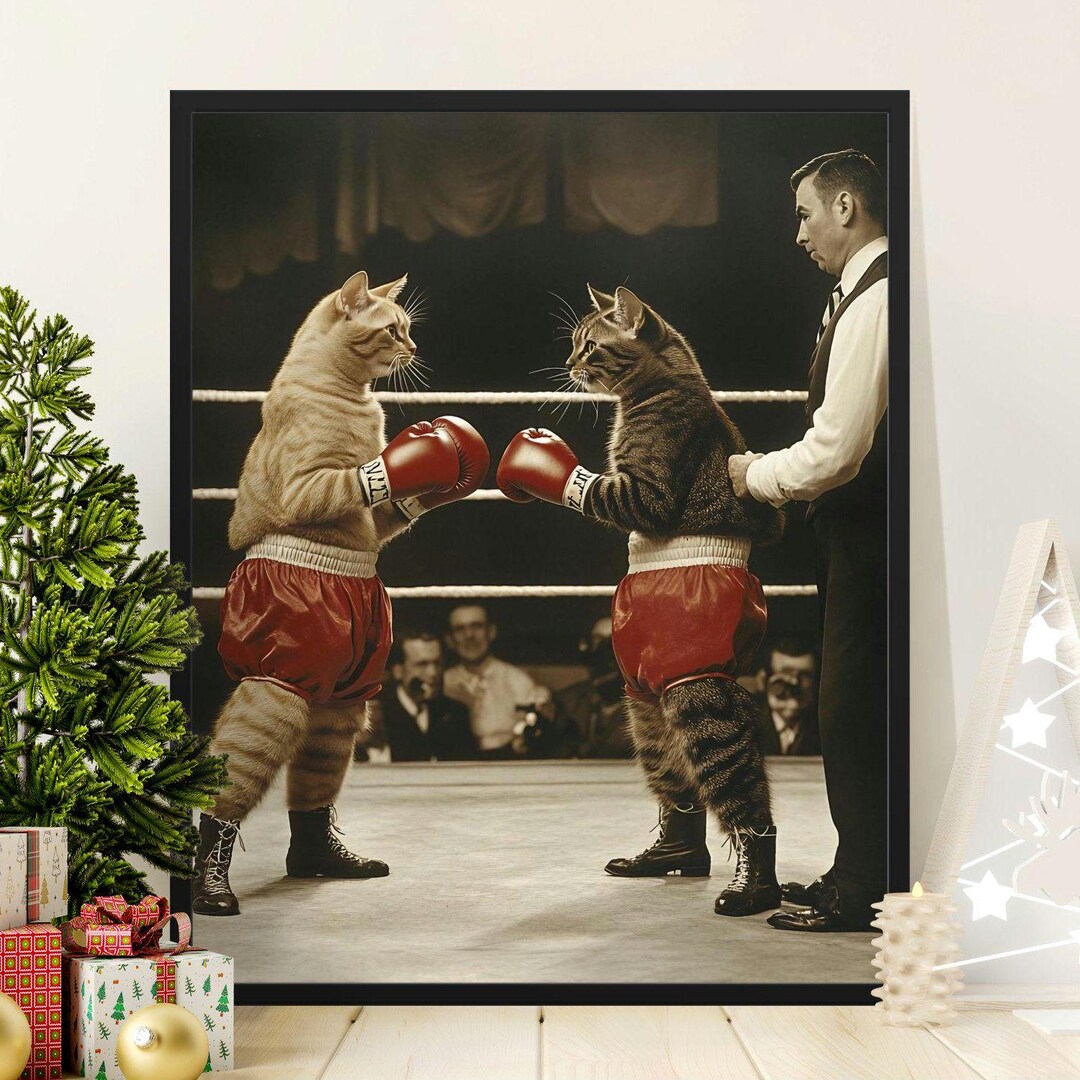 Vintage Boxing Cats Wall Art, Funny Cat Decor for Home, Unique Cat ...