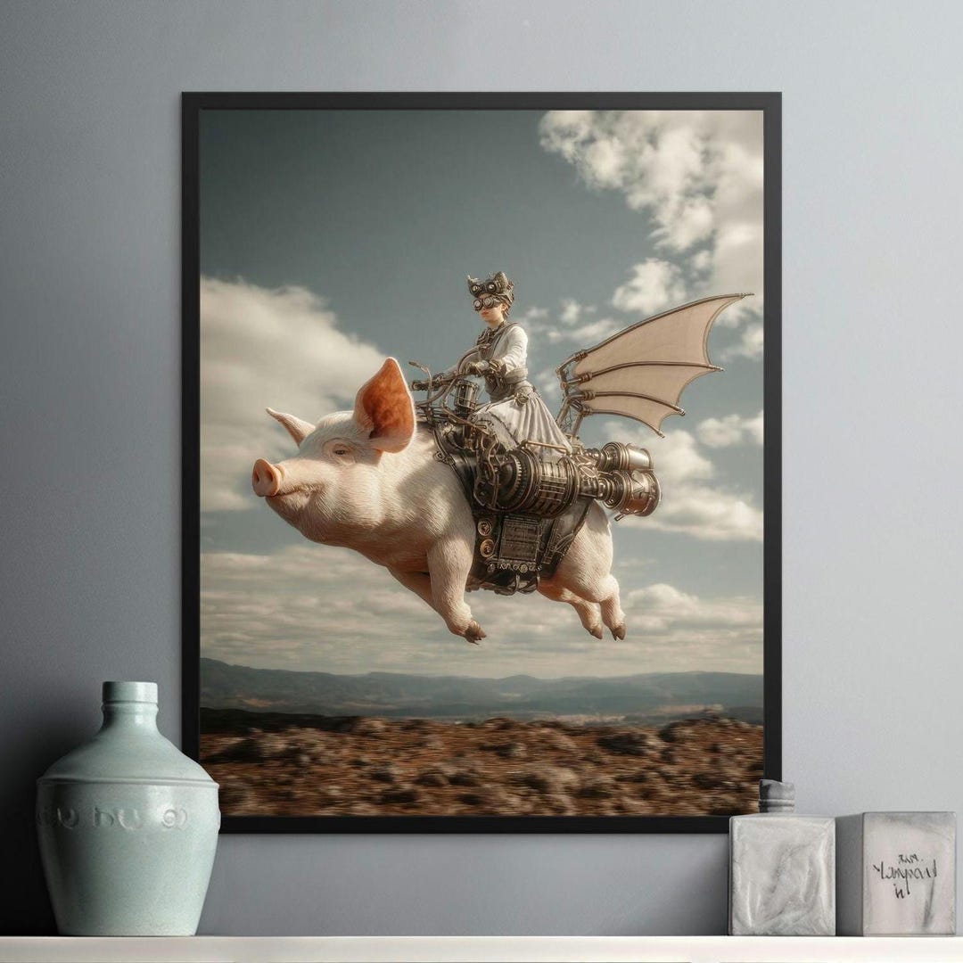Steampunk Flying Pig Art Print, Whimsical Fantasy Decor - Etsy