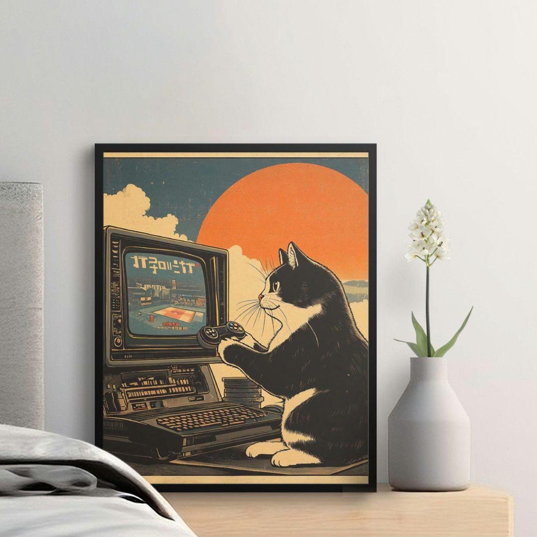 Retro Cat Gaming Poster, Vintage Cat With Joystick, Cute Cat Playing ...