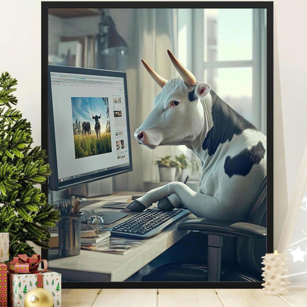 Funny Cow at Computer Poster, Animal Wall Art for Office, Unique ...
