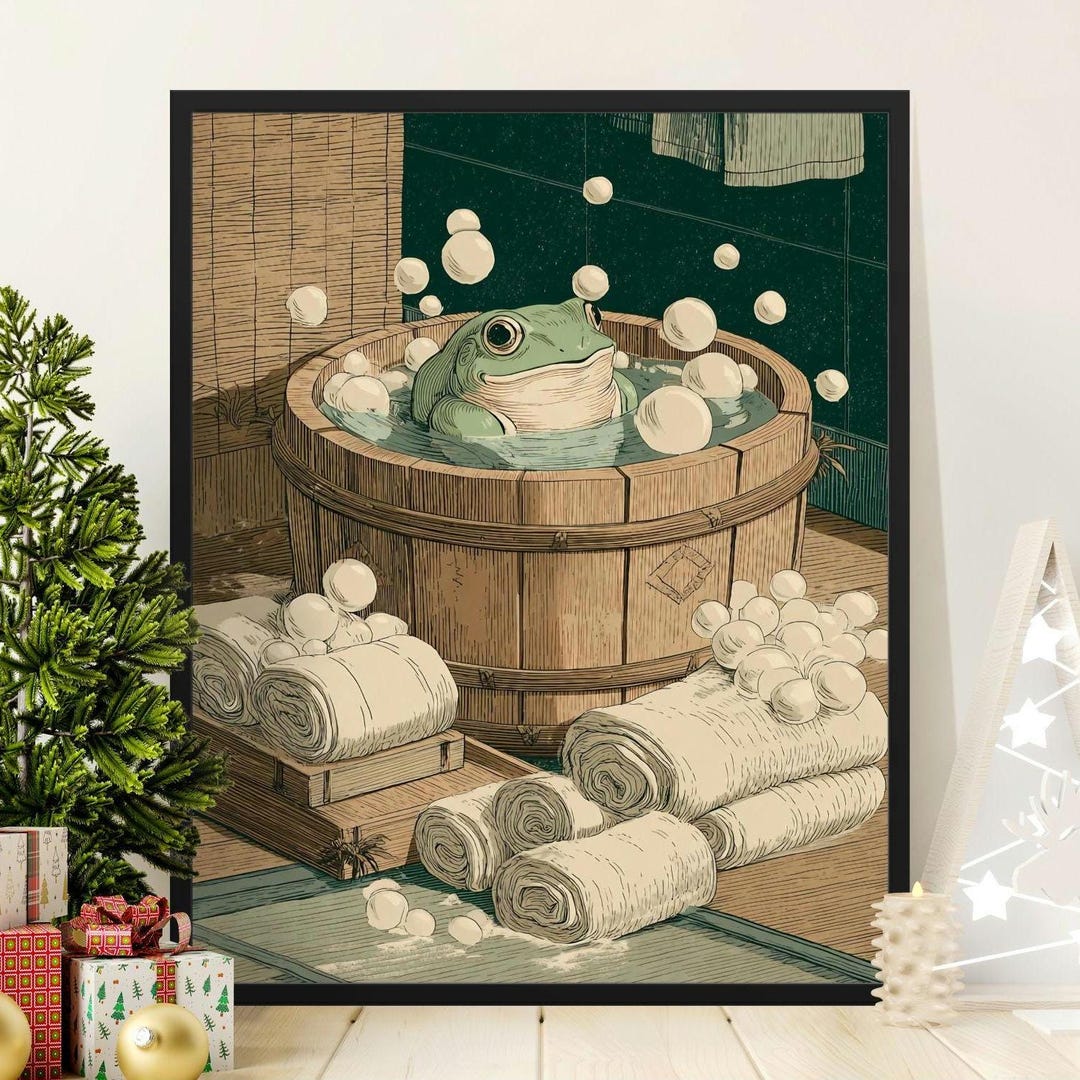 Cute Frog in Wooden Tub Poster, Bathroom Decor Wall Art, Whimsical ...