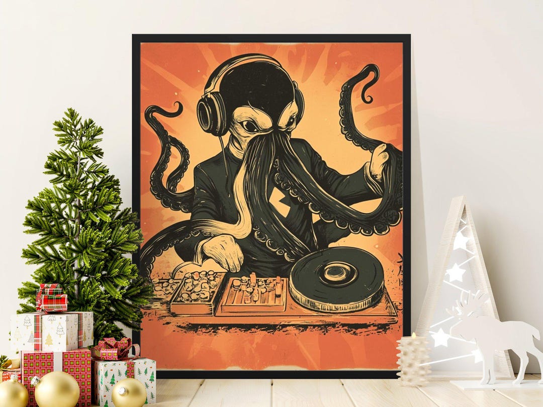DJ Octopus Art Print, Retro Music Poster, Turntable DJ Illustration ...