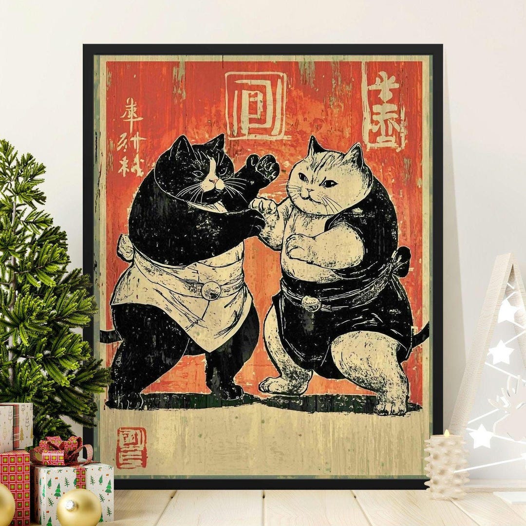 Sumo Cats Poster, Japanese Art Poster, Cat Art Print, Funny Animal ...