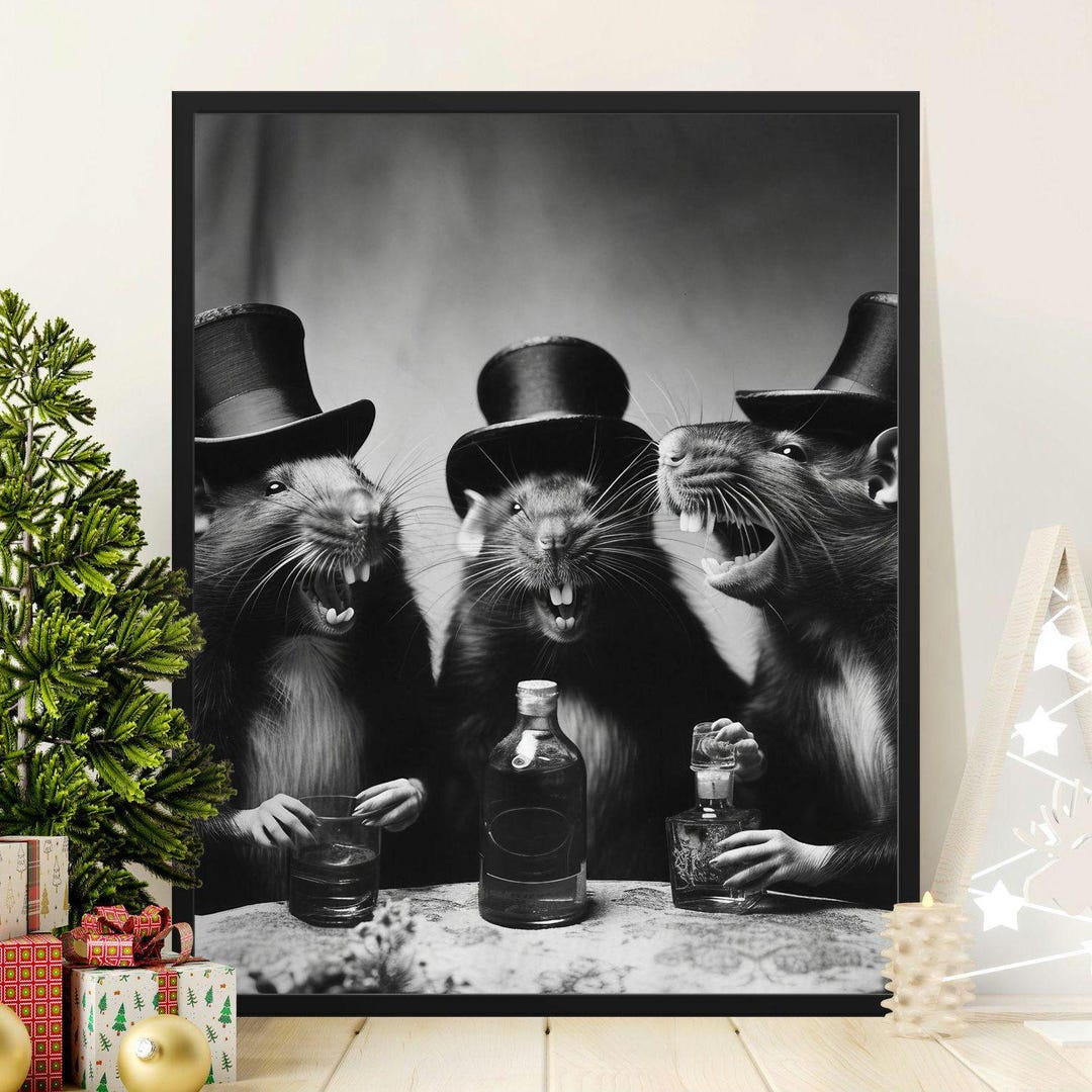 Vintage Rats Wall Art, Three Rats in Top Hats, Unique Rat Decor, Quirky ...