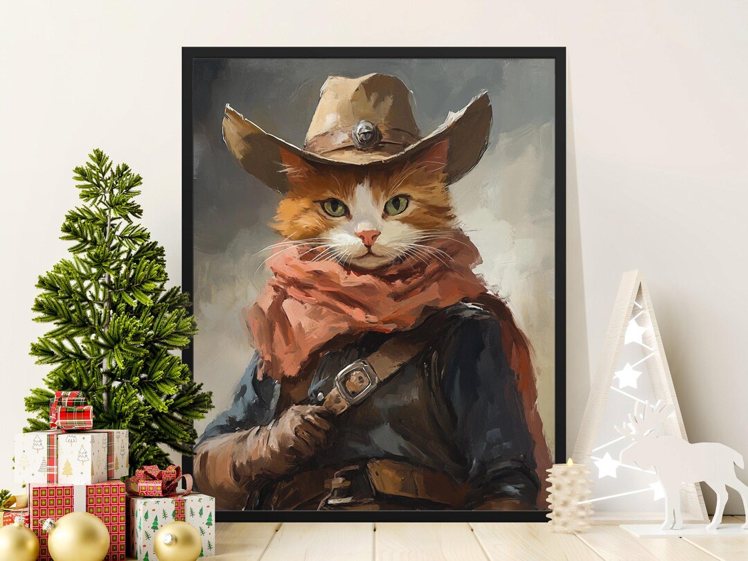 Cowboy Cat Poster, Western Theme Art Print, Animal Portrait Poster ...