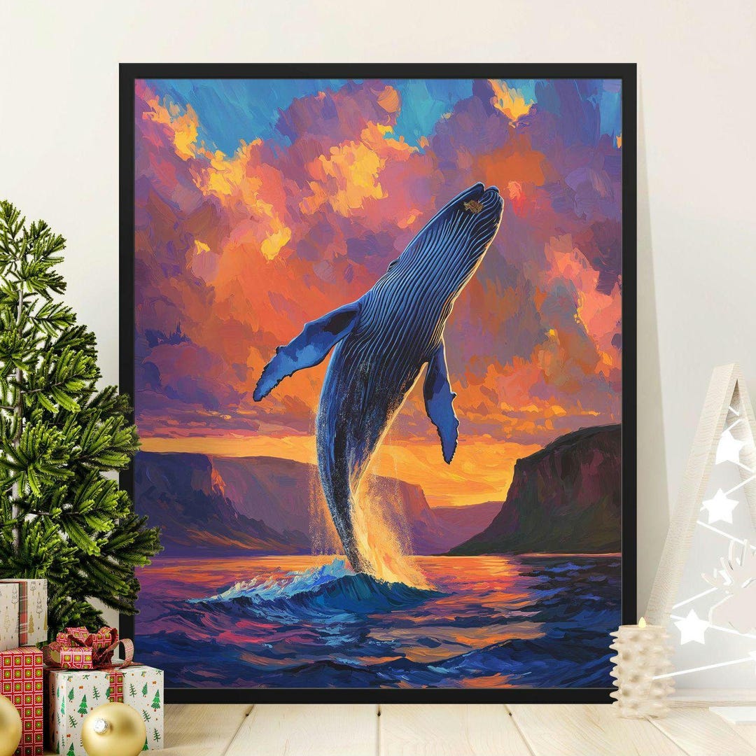 Whale Poster Artwork, Vibrant Ocean Sunset, Wall Art Print, Nature ...