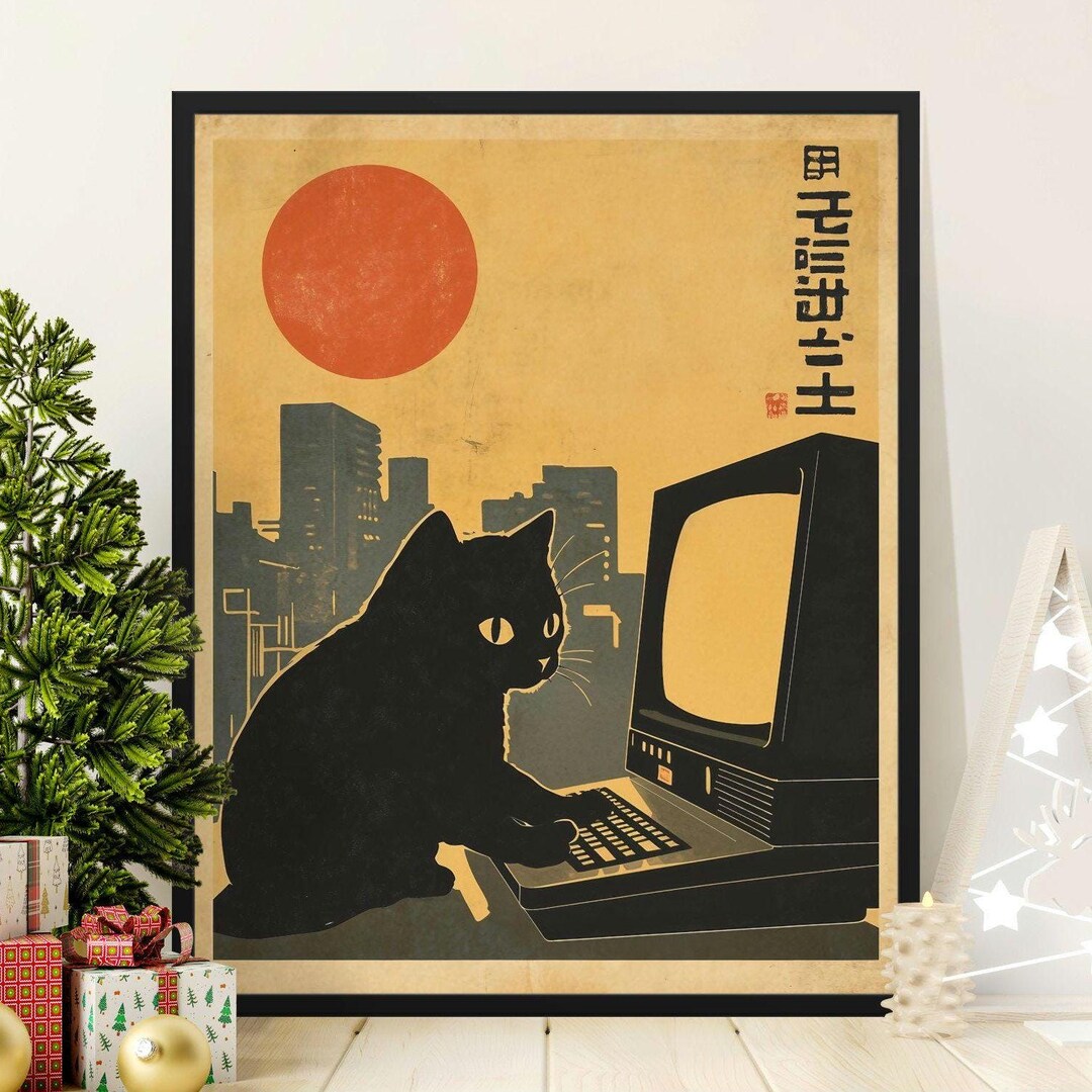 Vintage Style Cat Poster, Retro Cat With Computer, Japanese Urban ...