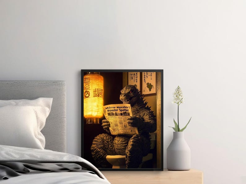 Godzilla Reading Newspaper Poster: Funny Comic Monster Art - Etsy