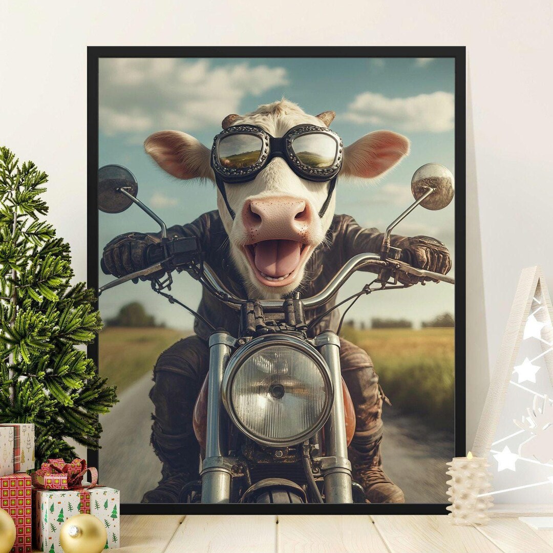 Funny Motorcycle Cow Poster, Animal Wall Art, Cool Cow Wall Decor ...