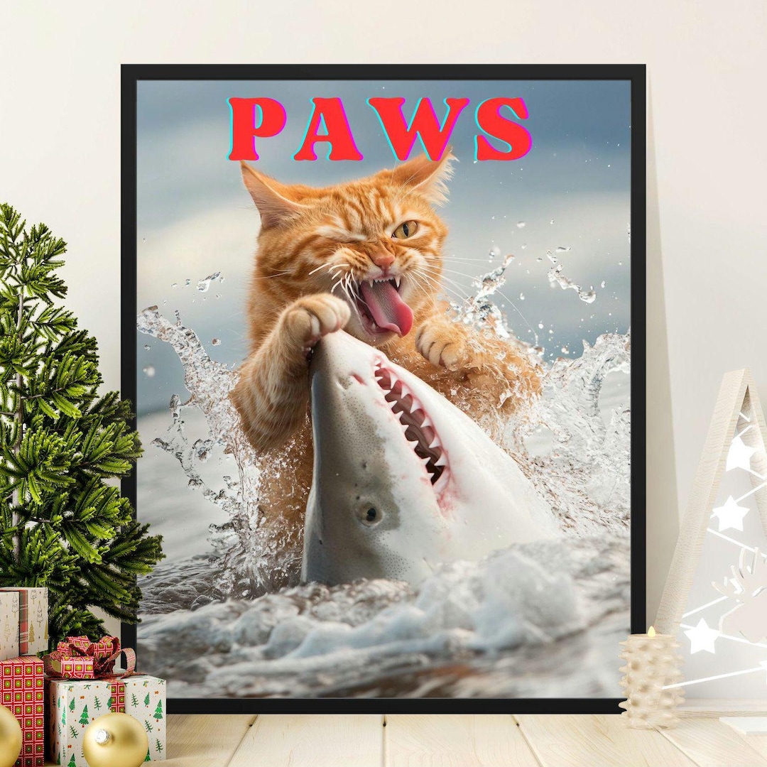 Funny Cat Shark Wall Art Print, Humorous Pet Decor, Unique Animal ...
