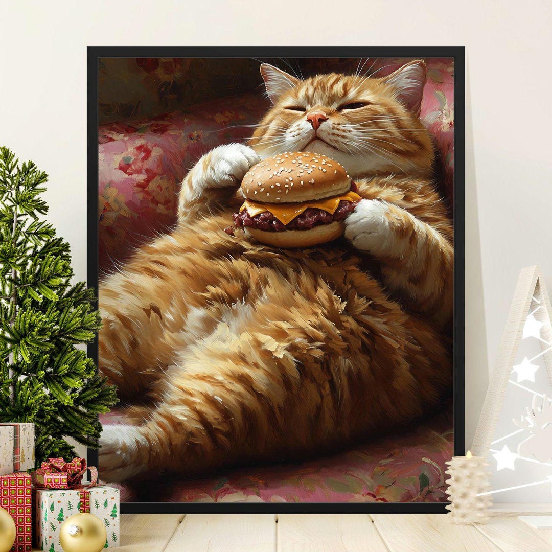 Cute Cat With Burger Wall Art, Funny Cat Eating Burger Poster, Quirky ...
