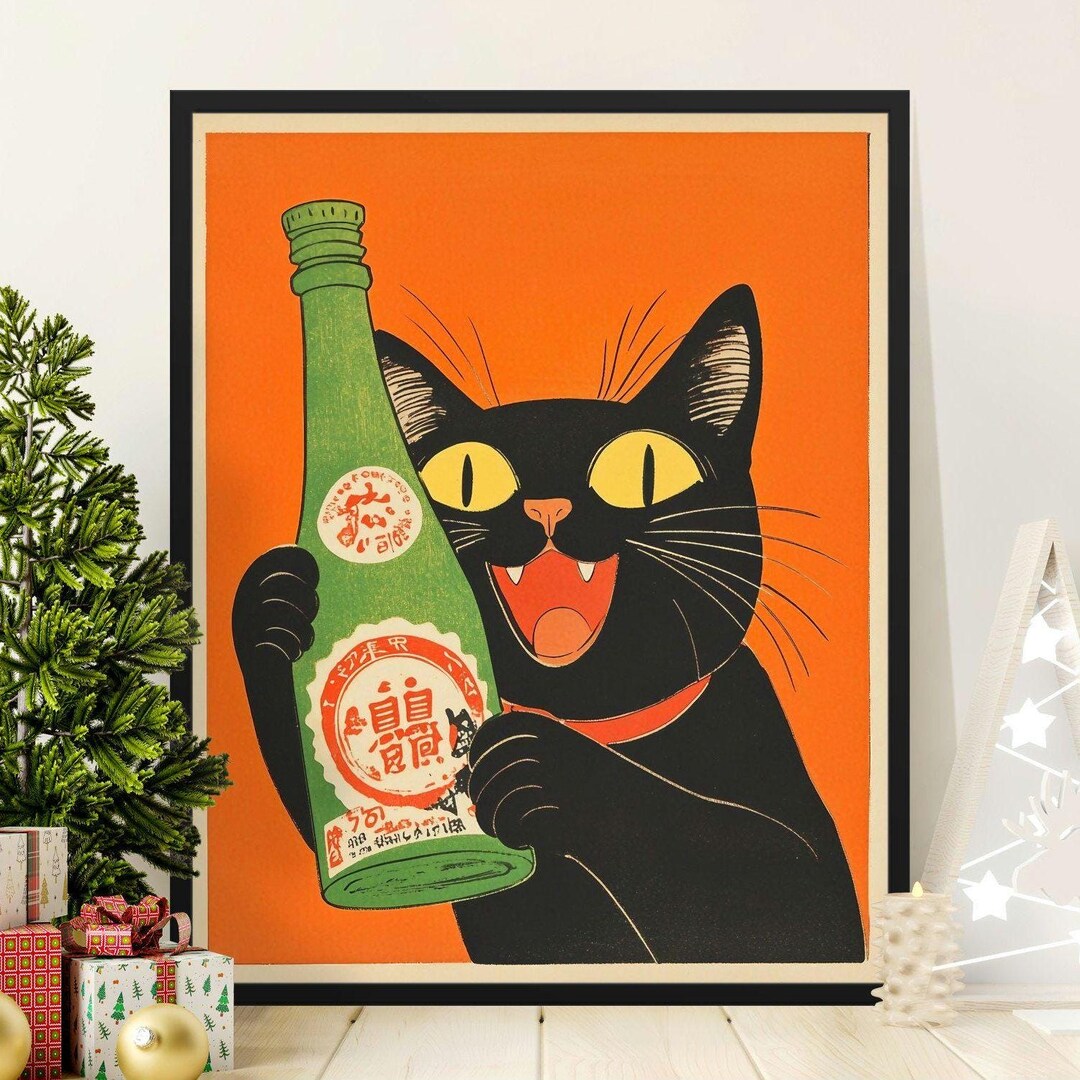 Vintage Japanese Cat Poster, Retro Black Cat With Bottle, Whimsical Cat ...