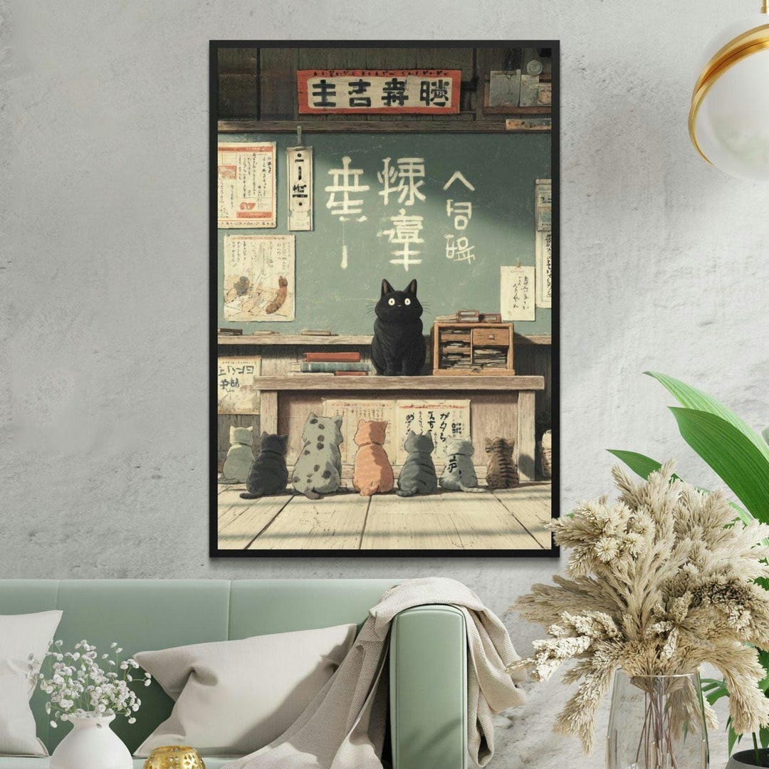 Black Cat Teacher Classroom Posters, Japanese Art Print, Cute Cats ...
