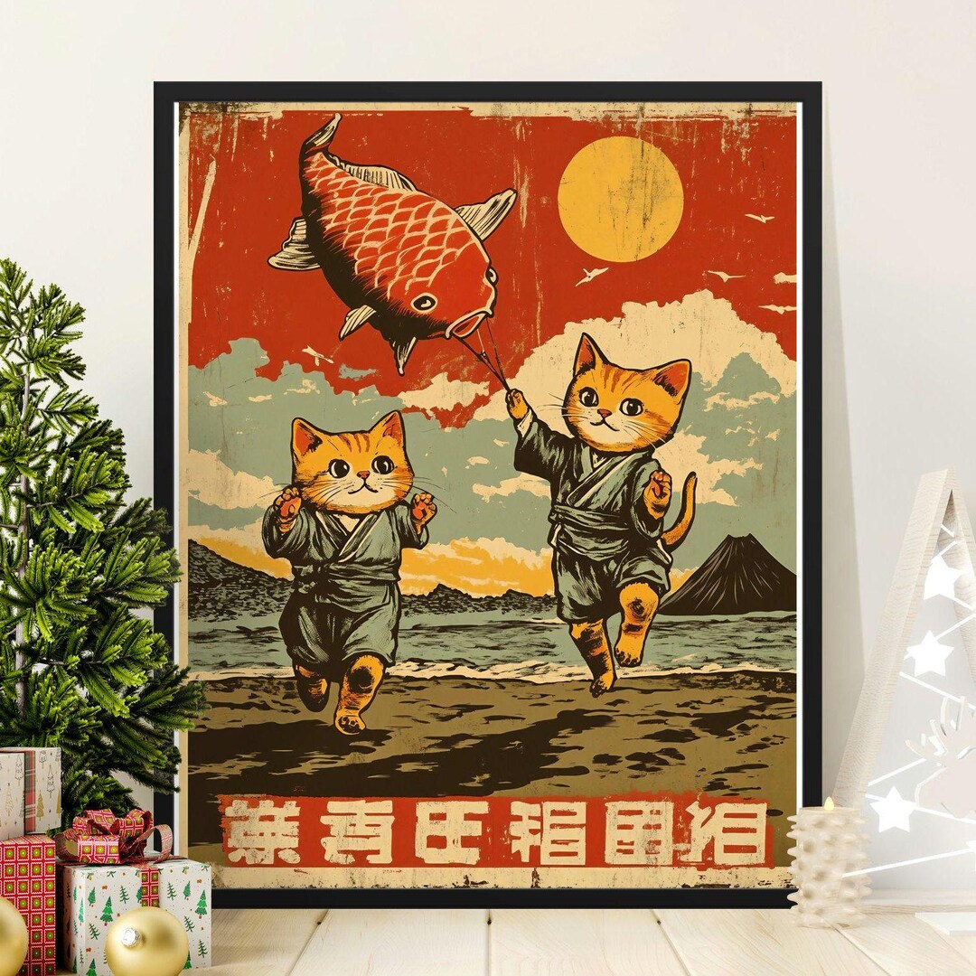 Vintage Japanese Cats Poster, Retro Style Cat Art Print, Japanese ...