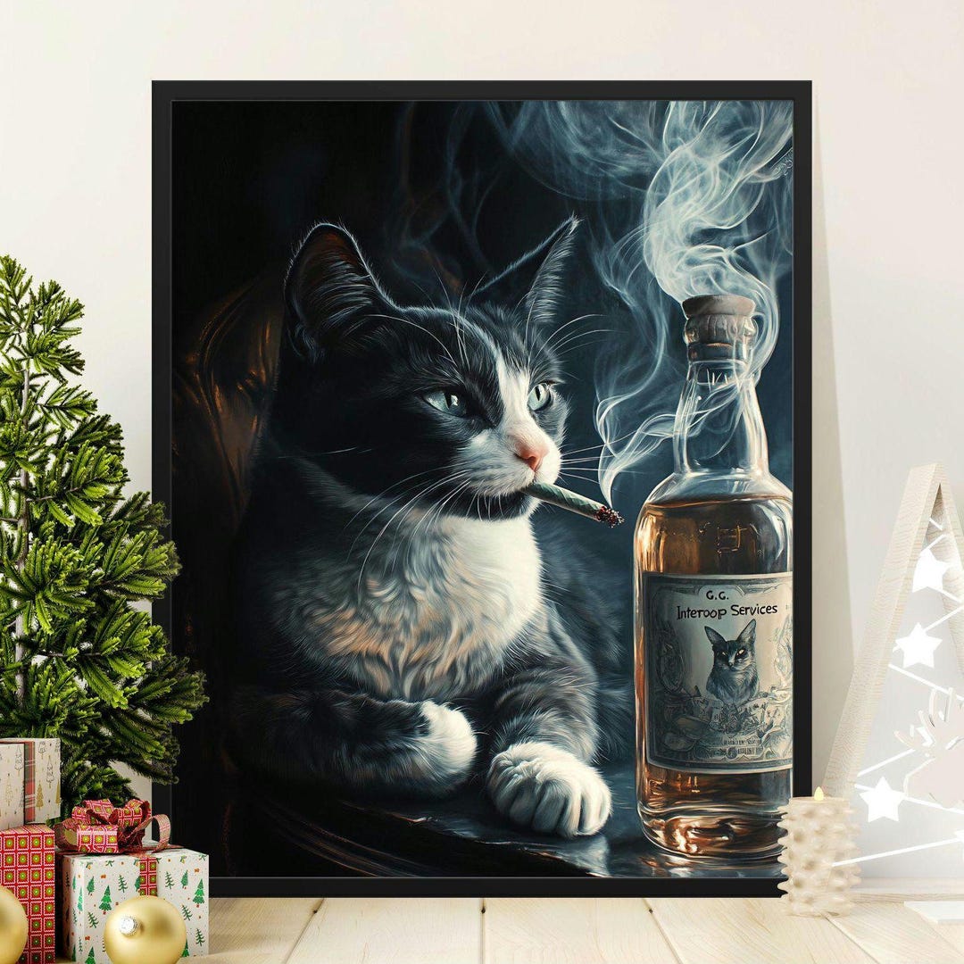 Sophisticated Cat Smoking Poster, Whimsical Feline Art, Vintage Cat ...
