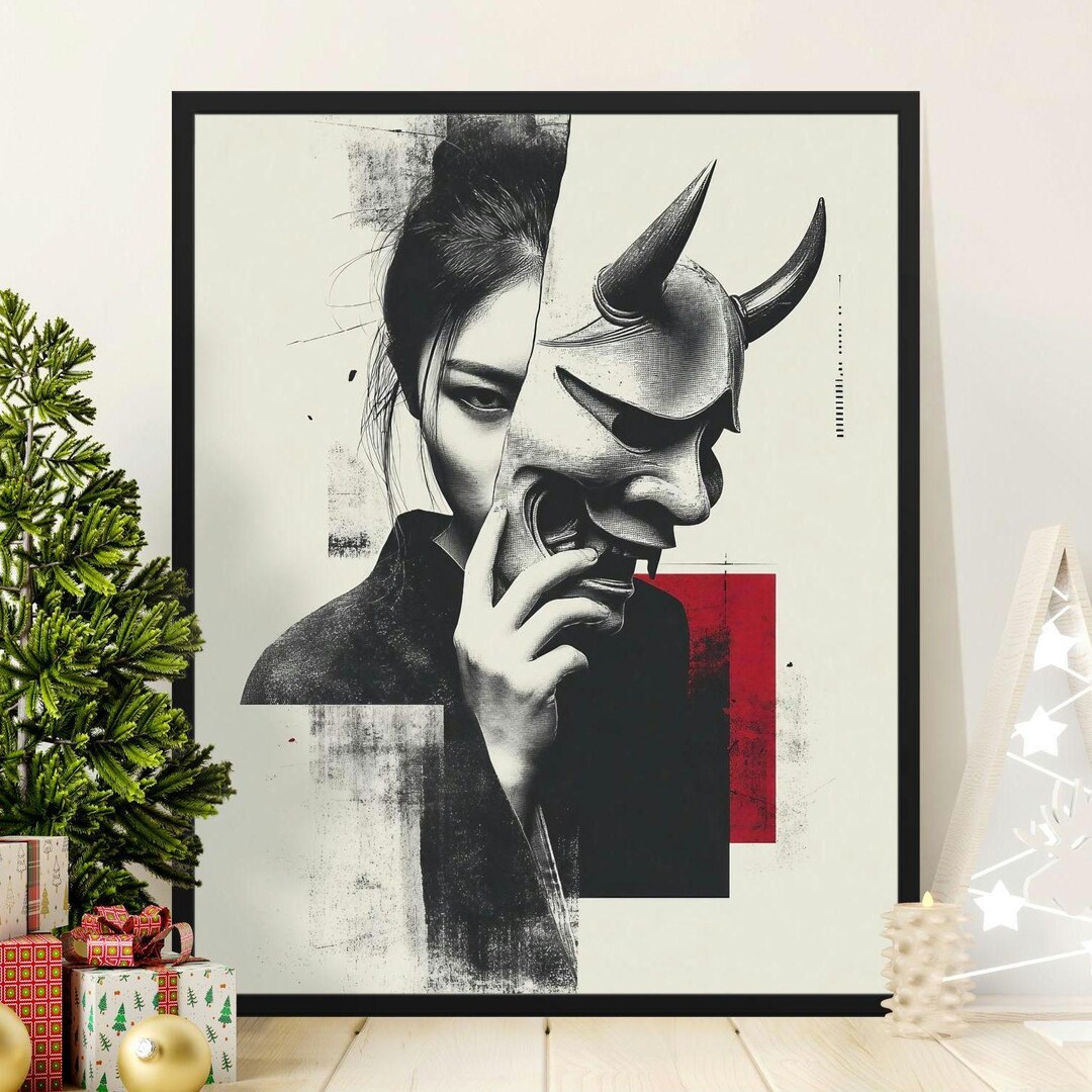 Woman With Oni Mask Canvas Wrap, Japanese Art Poster, Demonic Wall Art ...