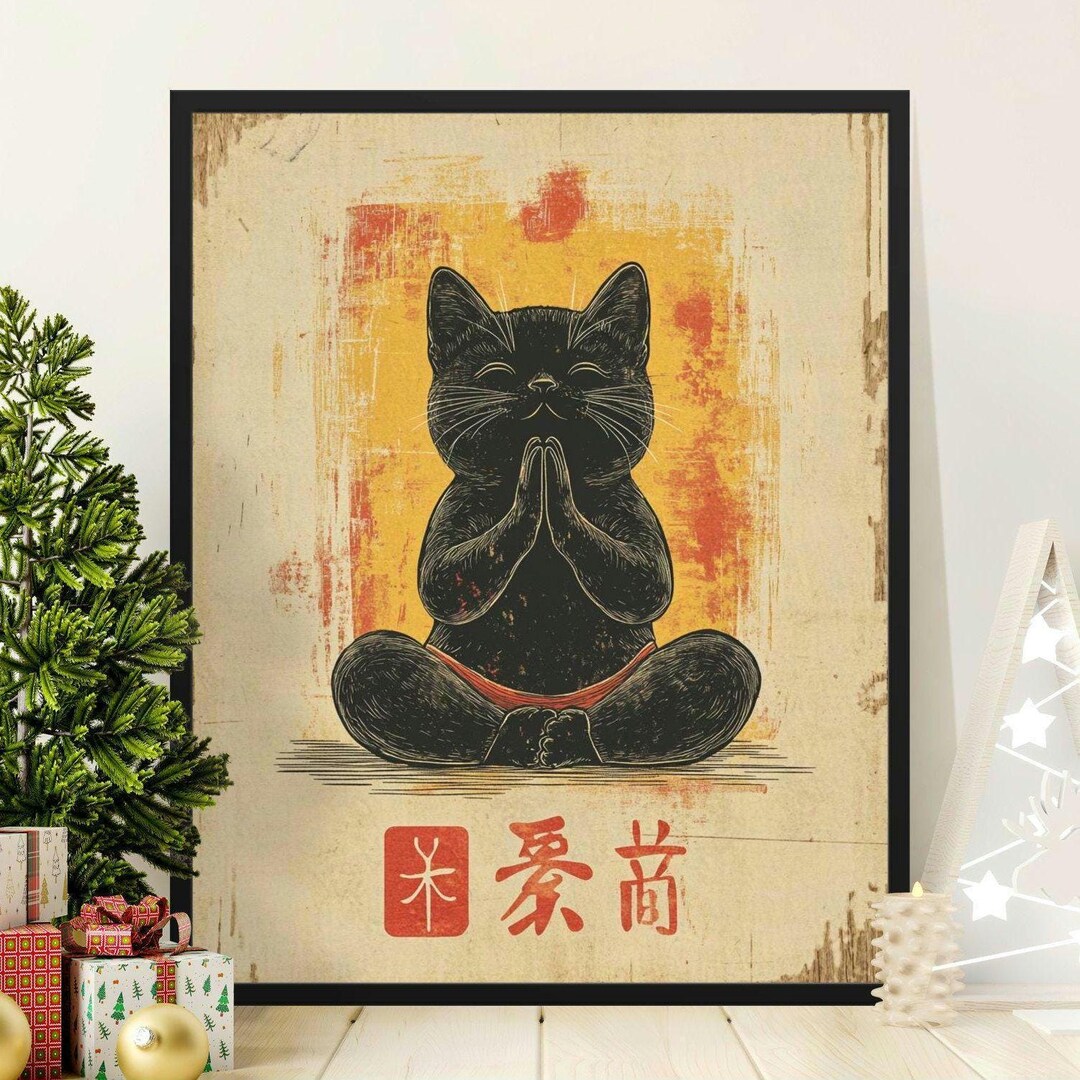 Zen Cat Wall Art Decor, Meditation Cat Poster, Japanese Inspired Cat ...