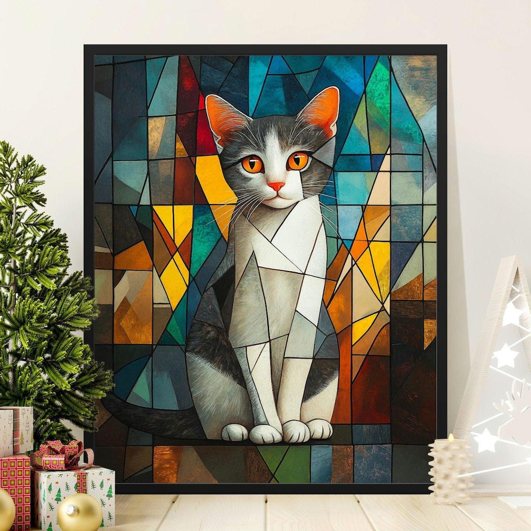 Colorful Abstract Cat Wall Art, Geometric Cat Painting, Modern Cat ...