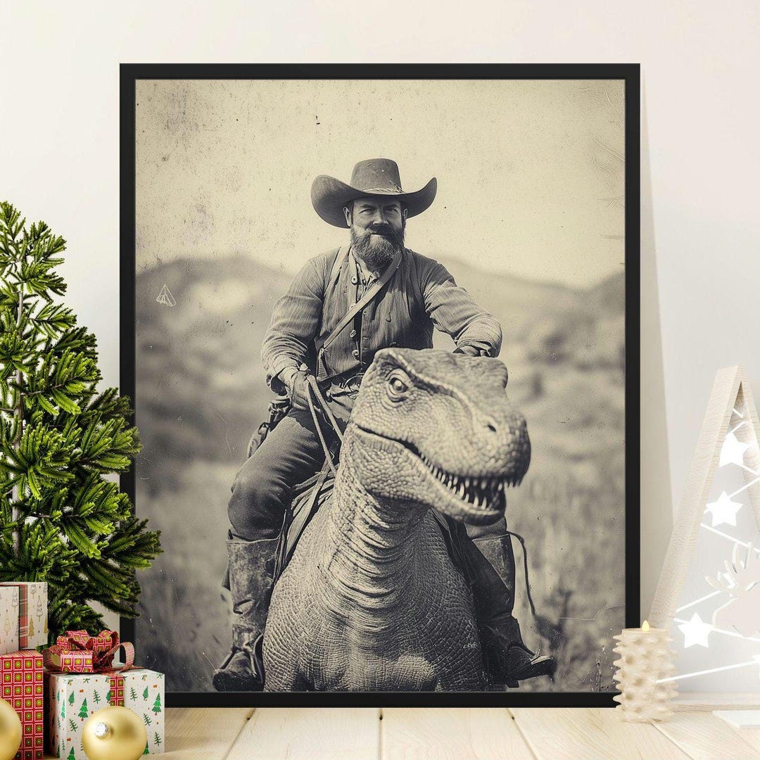 Vintage Cowboy Riding Dinosaur Print, Wild West Fantasy Art, Unique ...