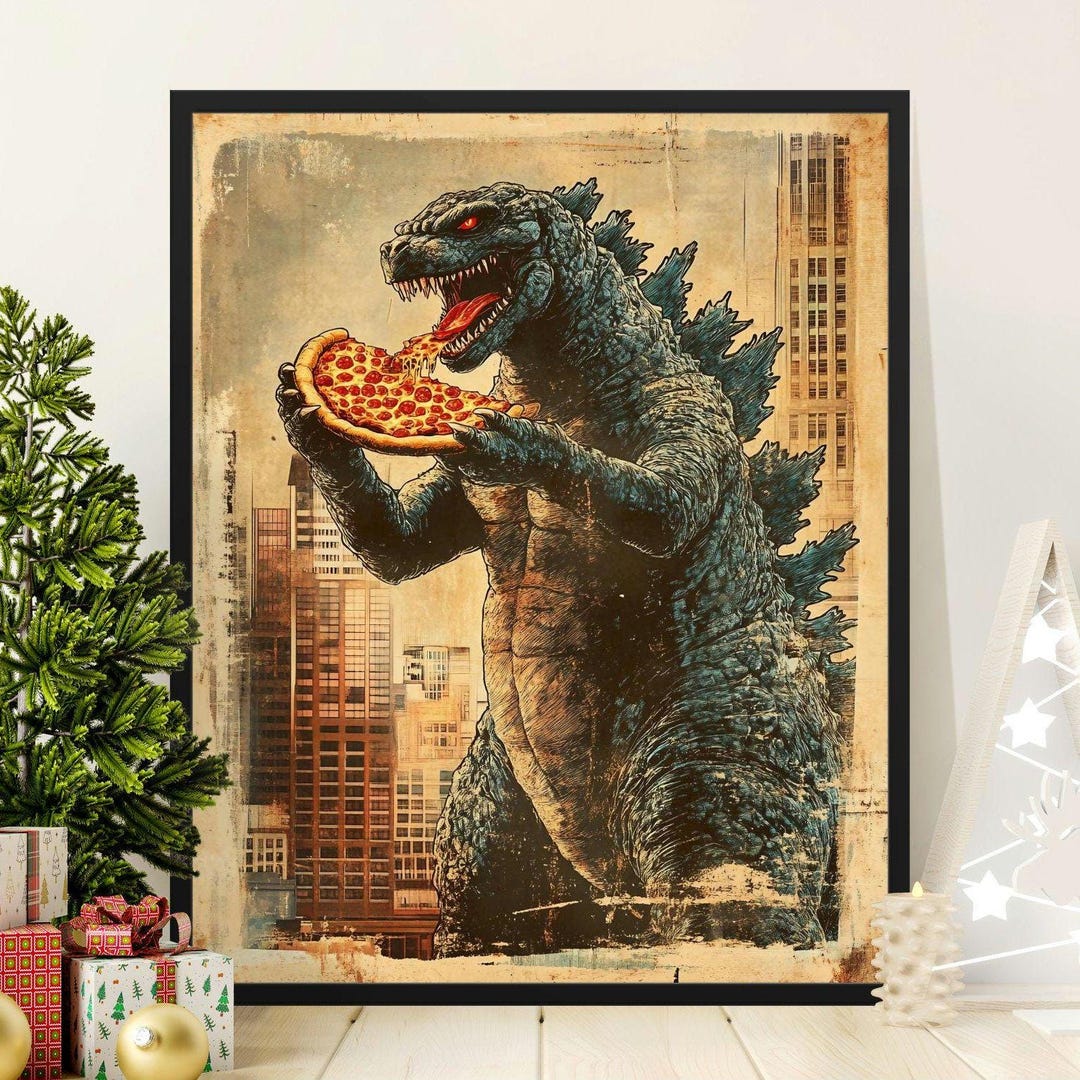 Godzilla Pizza Poster, Monster Eating Pizza, Funny Kaiju Art, Geeky ...