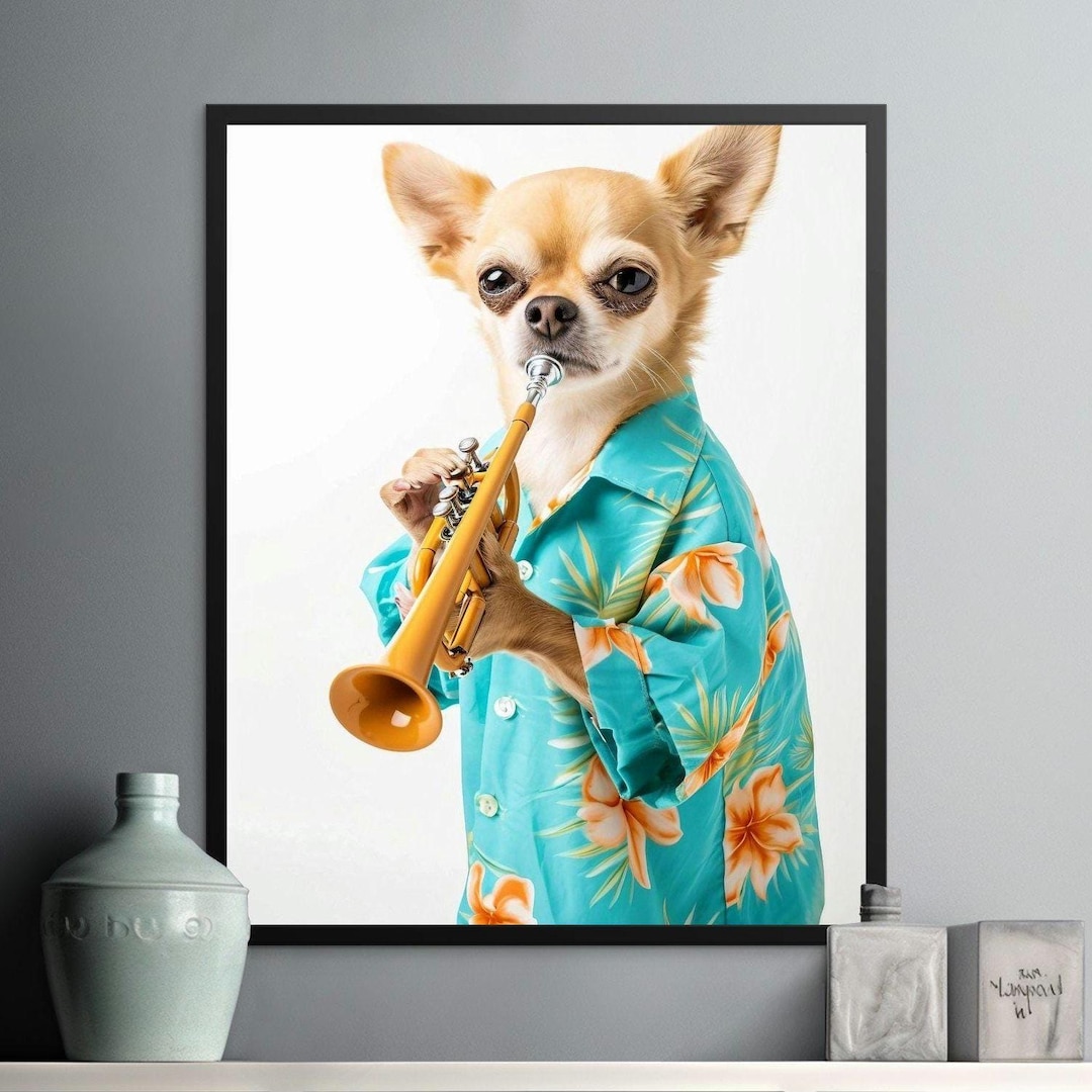 Cute Chihuahua Dog Playing Trumpet Wall Art, Adorable Dog Decor, Music ...