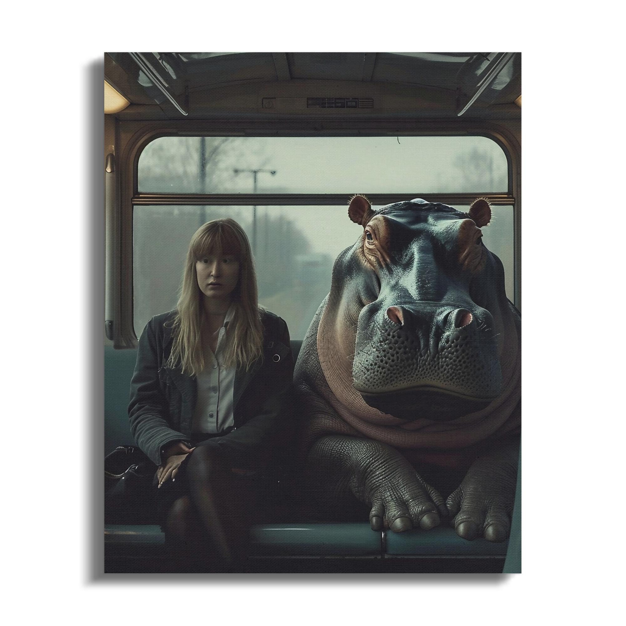 Surreal Hippo and Woman Wall Art, Unique Animal Artwork for Home Decor ...