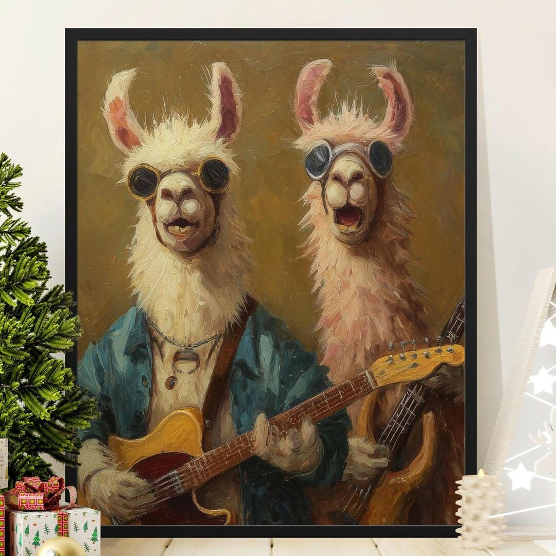 Funny Llama Band Poster, Custom Animal Canvas Art, Quirky Rock Star ...