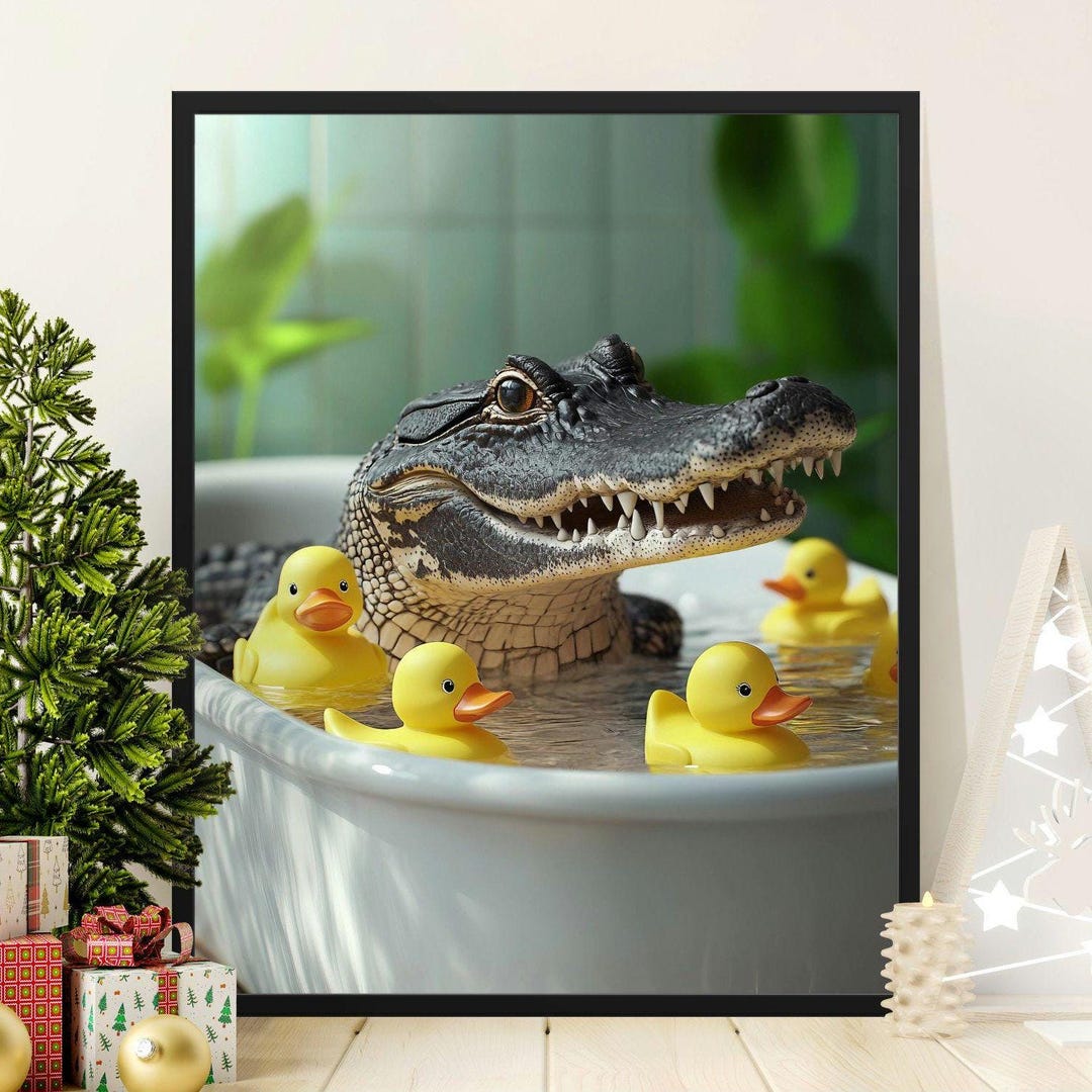 Cute Alligator With Rubber Ducks in Bathtub, Whimsical Animal Wall Art ...