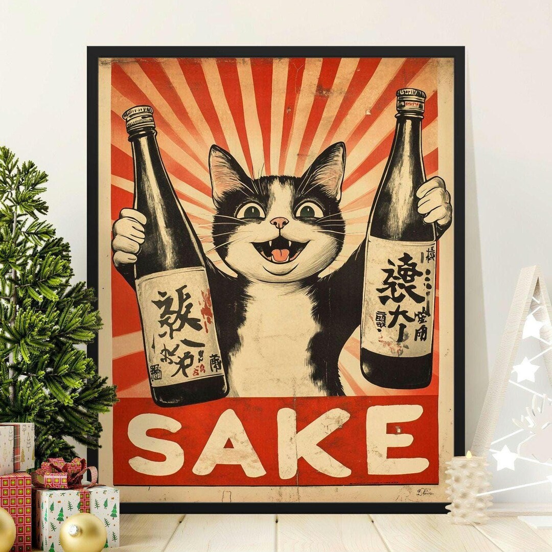 Vintage Japanese Cat Sake Poster, Cute Retro Wall Art, Fun Cat and Sake ...