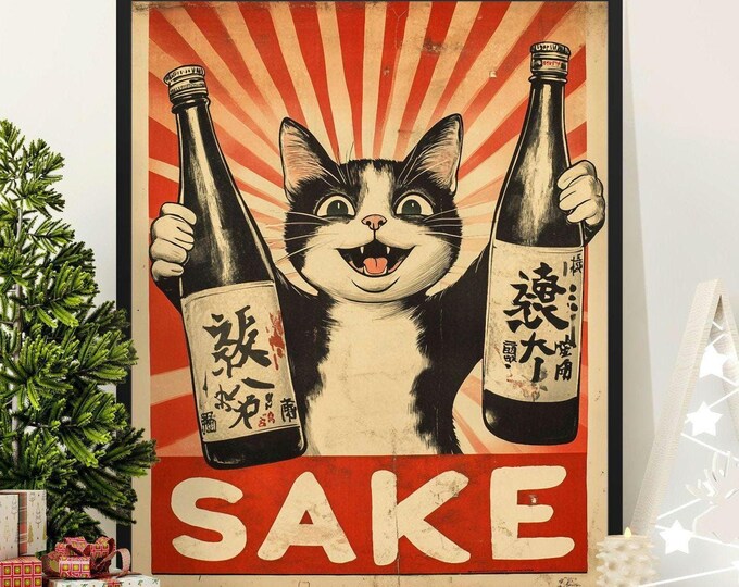Funny Black Cat Sake Art Japanese Sake Print Japanese Wall Art Food and ...