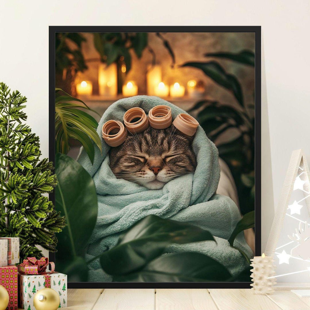 Relaxing Cat Spa Day Wrapped in Blanket Wall Art, Cozy Cat With Curlers ...