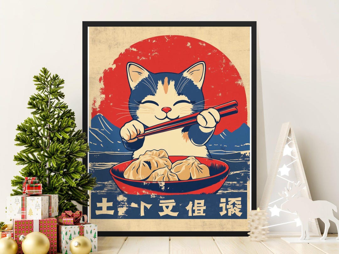 Cute Cat Eating Dumplings Poster, Kitchen Wall Decor, Whimsical Cat Art ...
