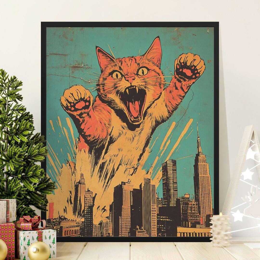 Giant Cat Wall Art, Retro Cityscape Poster, Funny Cat Lover Gift, Urban ...