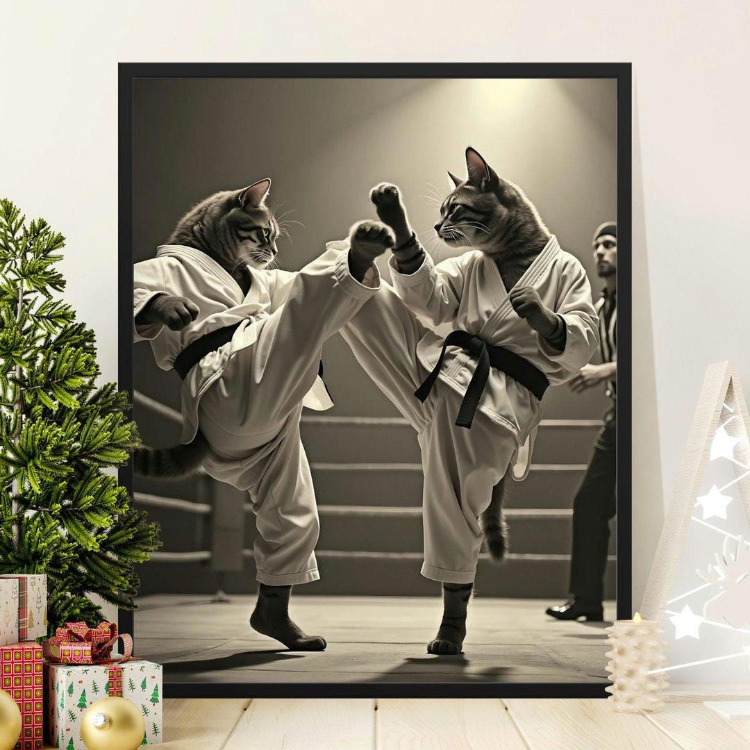 Karate Cats Wall Art, Funny Cat Poster for Home Decor, Unique Animal ...