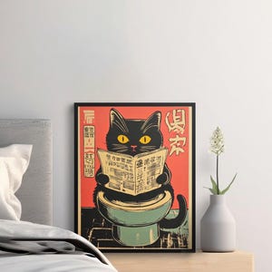 Vintage Cat Reading Newspaper Wall Art, Japanese Style Cat Print ...