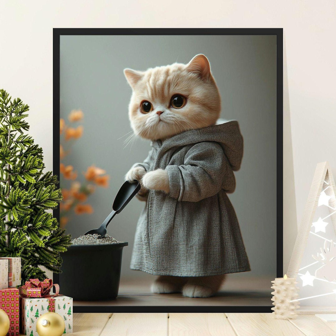 Adorable Cat Wall Art Cute Kitten Poster With Gray Hoodie Sweet Cat ...