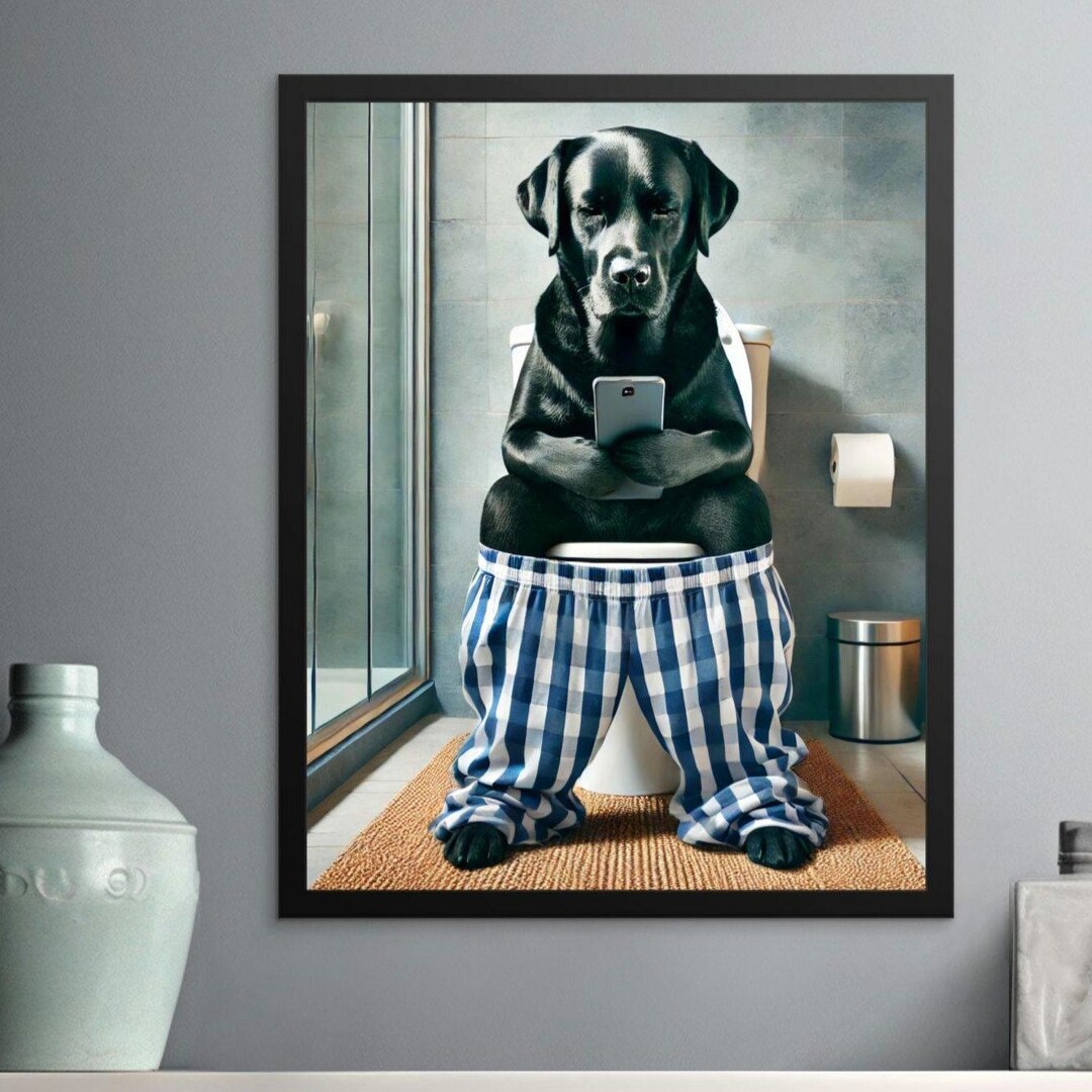 Funny Black Labrador Bathroom Wall Art, Black Labrador on Toilet With ...
