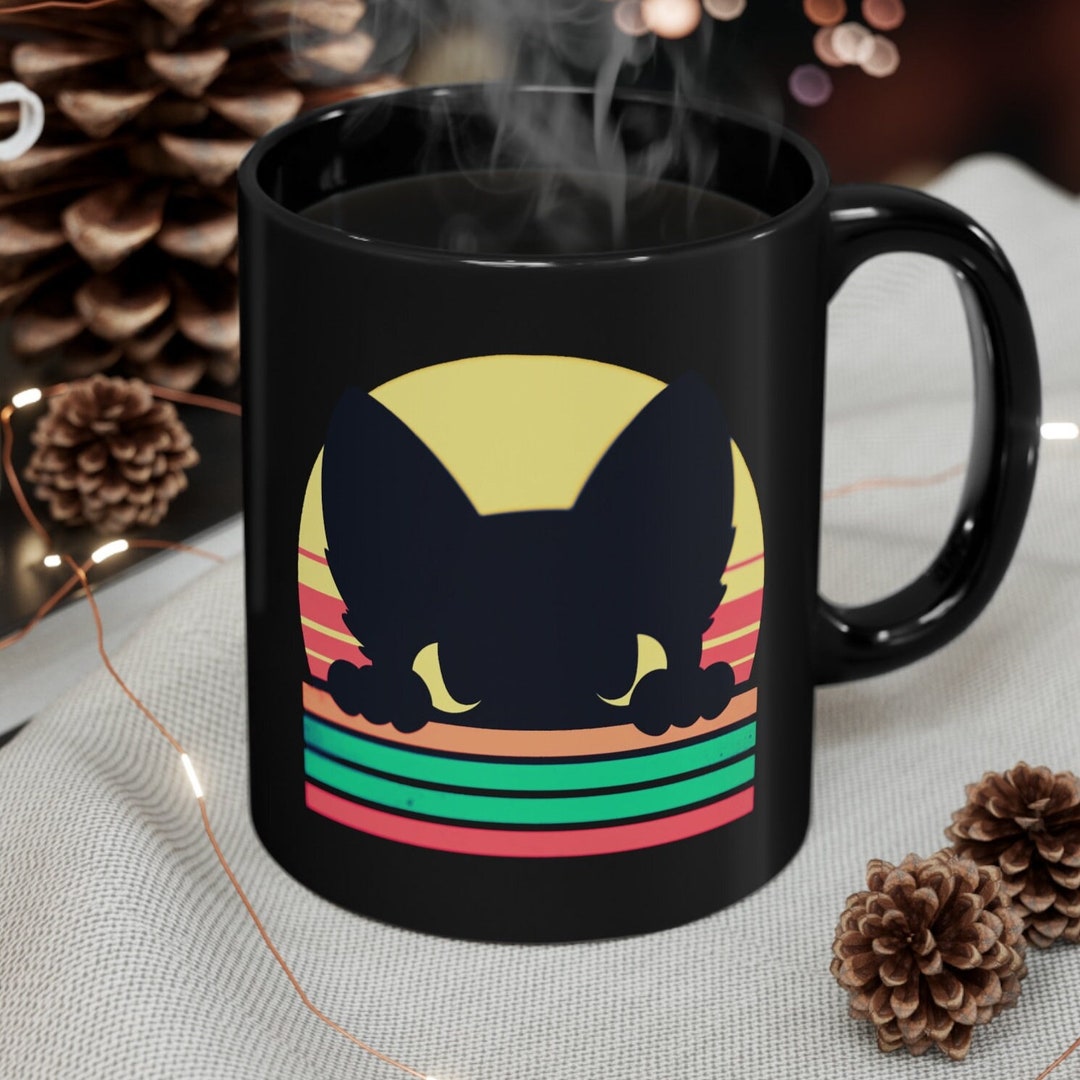 Peeking Cat Mug Retro, Colorfull 90s Vibe Black Ceramic Mug, Peeking ...