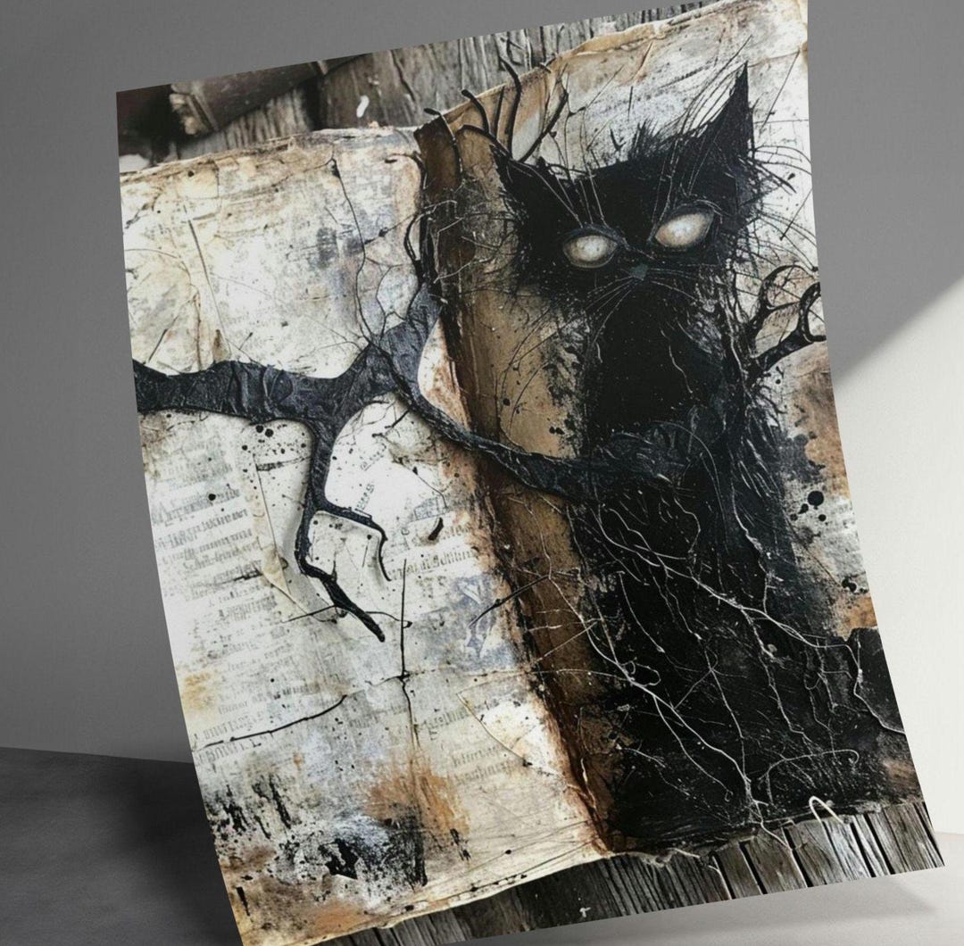 Gothic Black Cat Wall Art Print, Creepy Rustic Decor, Vintage Book Page ...