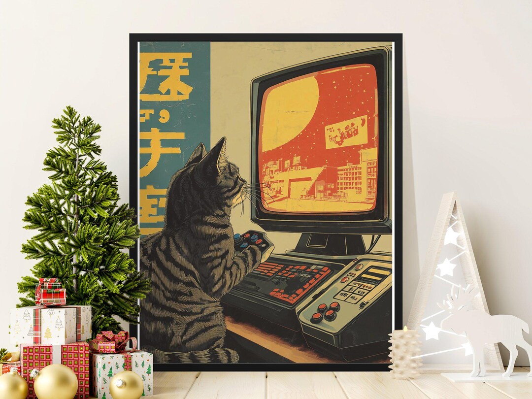 Retro Cat Gaming Poster, Vintage Style Cat on Computer, Cat Lovers Wall ...