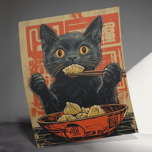Vintage Japanese Black Cat Eating Dumplings Wall Art Print, Unique Cat ...