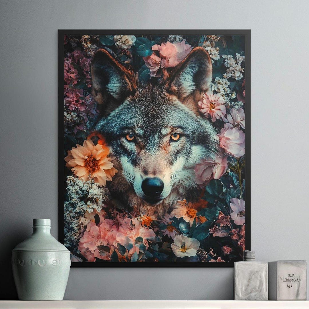 Majestic Wolf Flower Wall Art, Nature Animal Decor Print, Floral ...