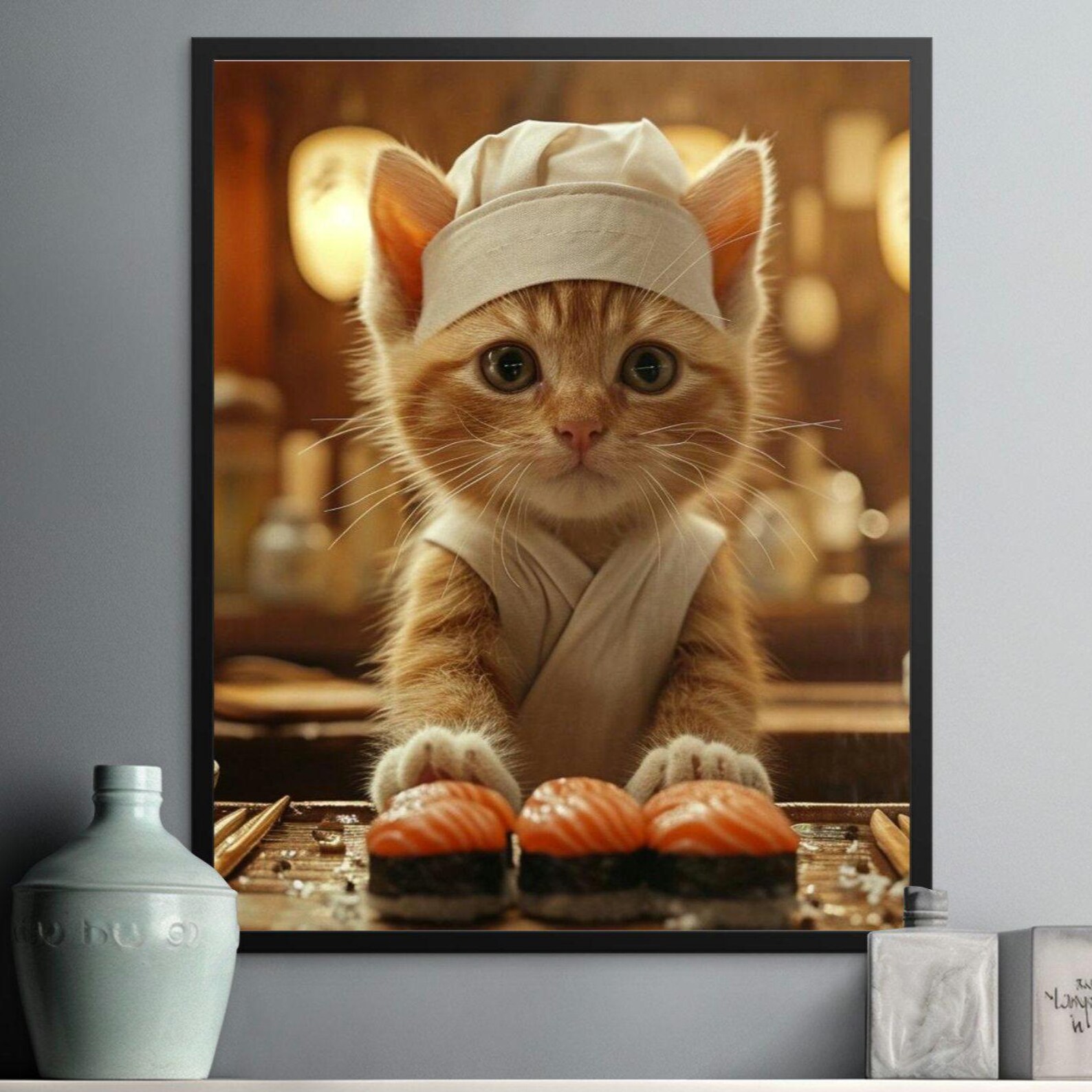 Cute Chef Cat Wall Art, Kawaii Kitten Making Sushi Poster, Adorable ...