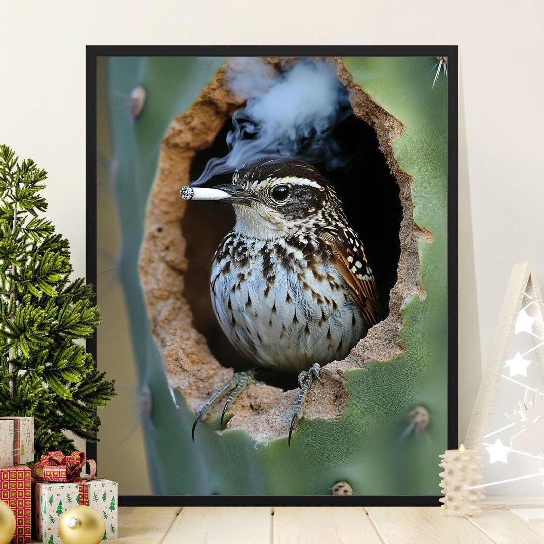Bird Smoking Art Print, Funny Animal Poster, Cactus Wall Decor, Unique ...