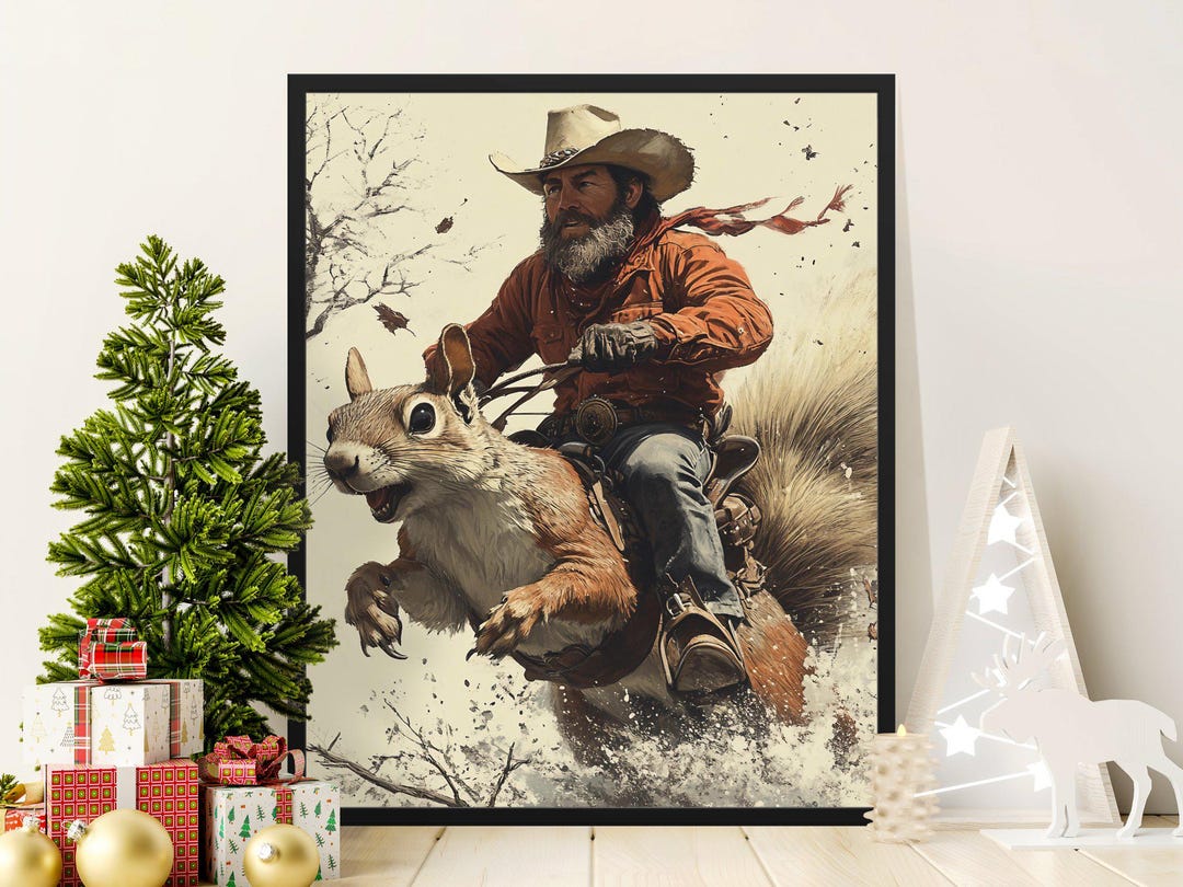 Cowboy Riding Squirrel Poster, Quirky Western Wall Art, Fun Animal ...