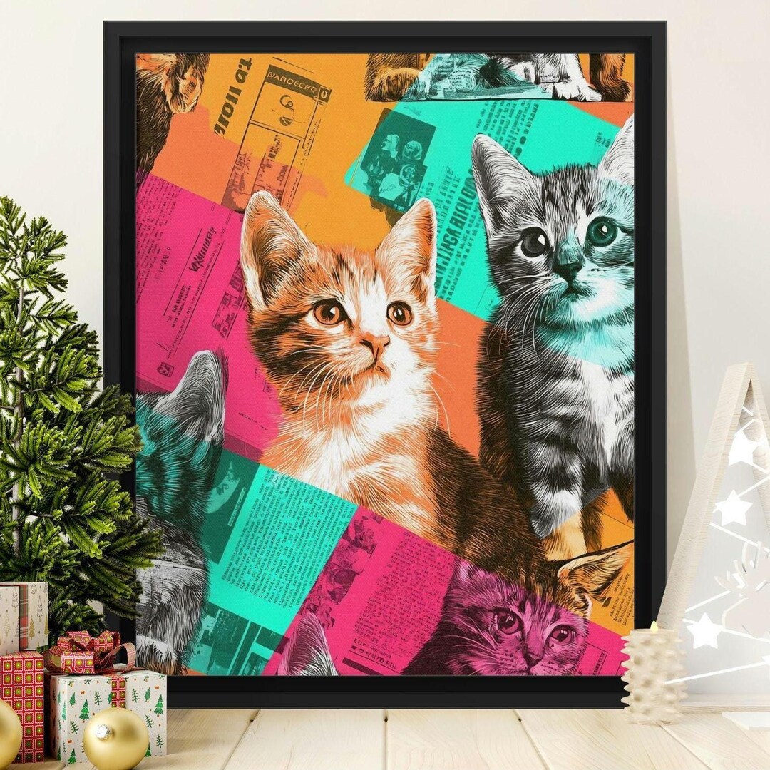 Kitten Canvas Print, Colorful Cat Poster, Abstract Cat Framed Art, Cute ...